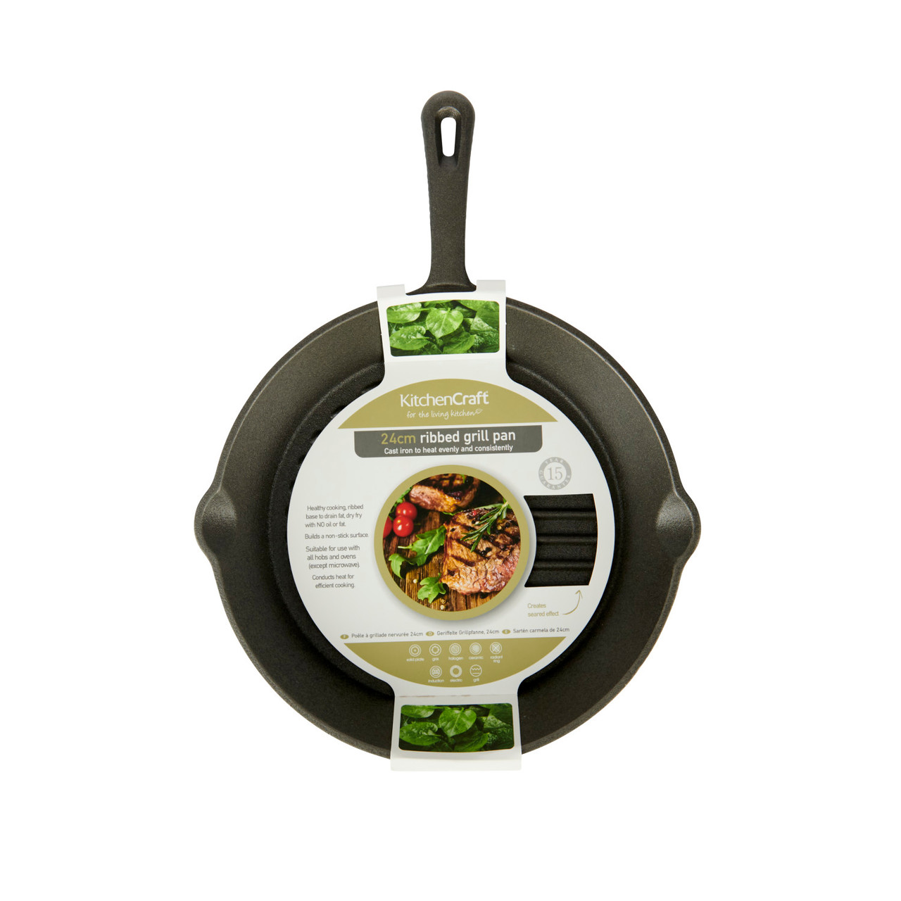 KitchenCraft Deluxe Cast Iron Round Ribbed Grill Pan, 24cm - Lifetime ...