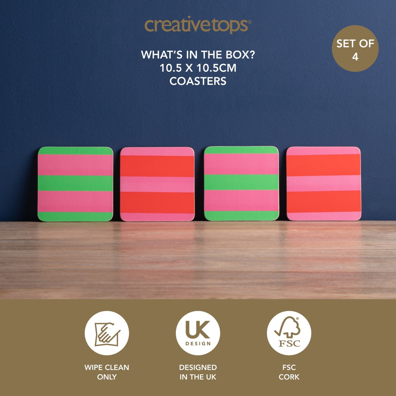 Creative Tops Stripe Print Pack of 4 Premium Coasters - Lifetime Brands ...