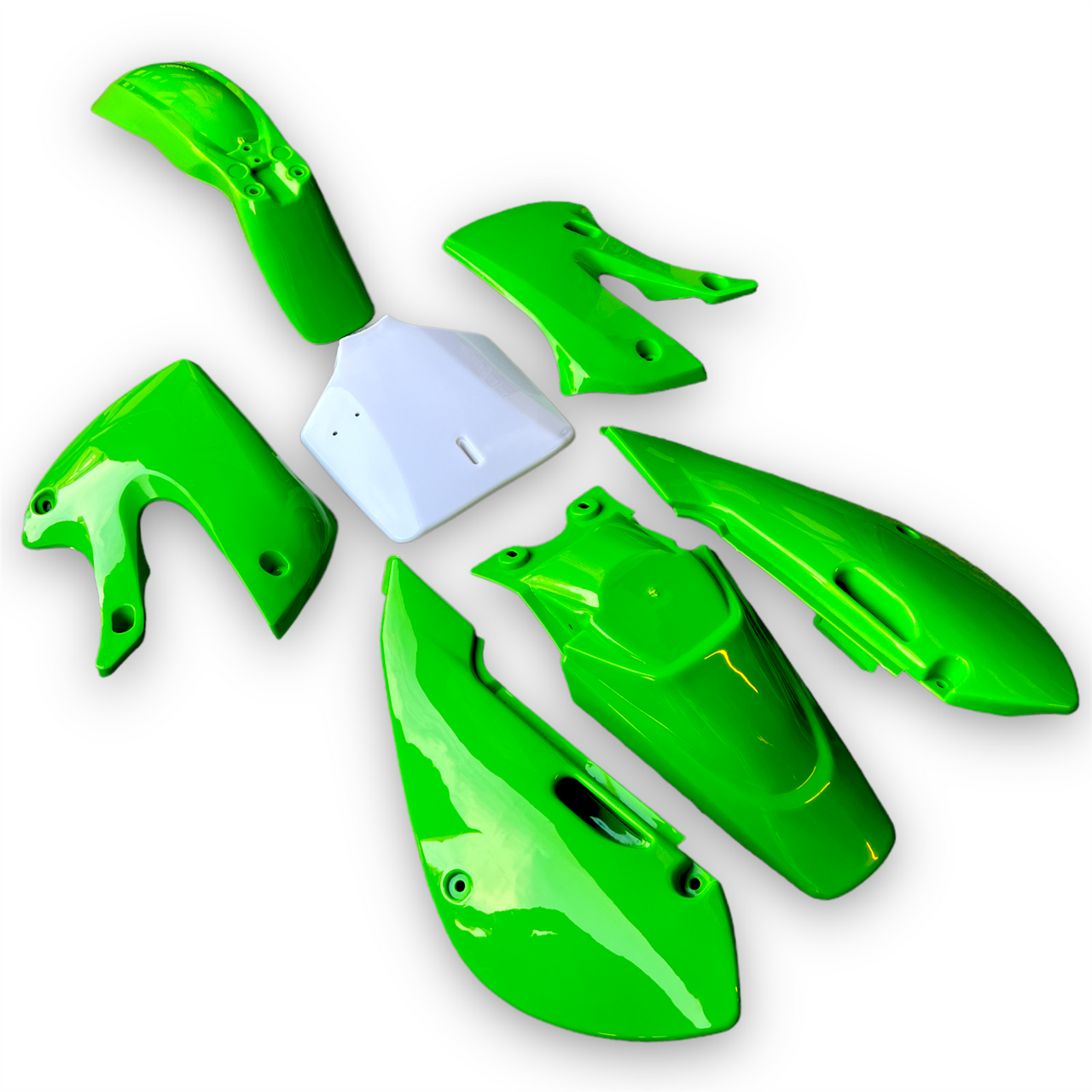 Green KLX110 Style Pit Bike Plastics Set - Red Circles Motorcycles Limited