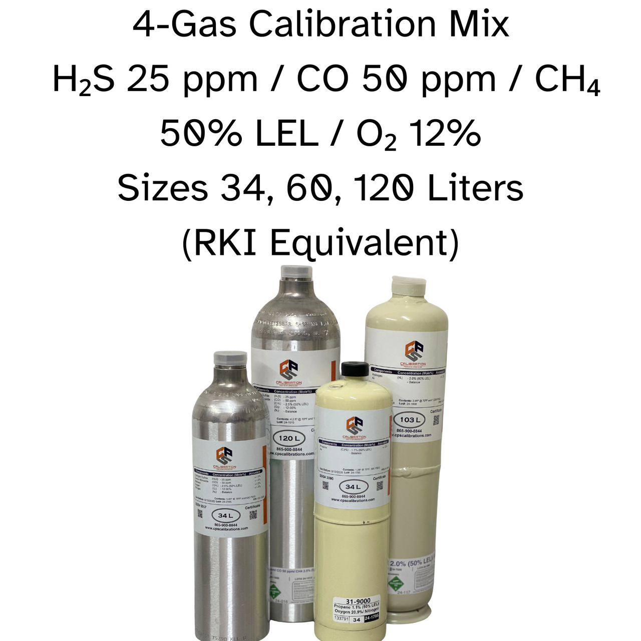 CPS Calibrations 4-Gas Calibration Gas (RKI Equivalent) - H₂S 25 ppm / CO 50 ppm / CH₄ 50% LEL ...