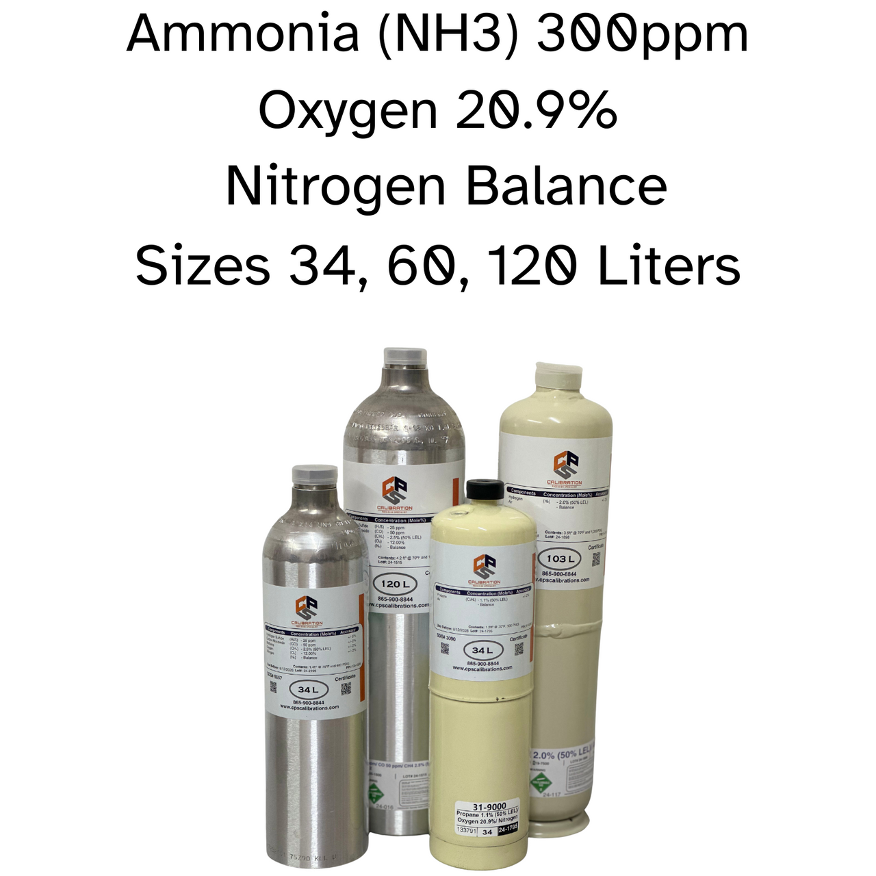 CPS Calibrations Ammonia (NH3) 300ppm, Oxygen (O2) 20.9%, Nitrogen Balance