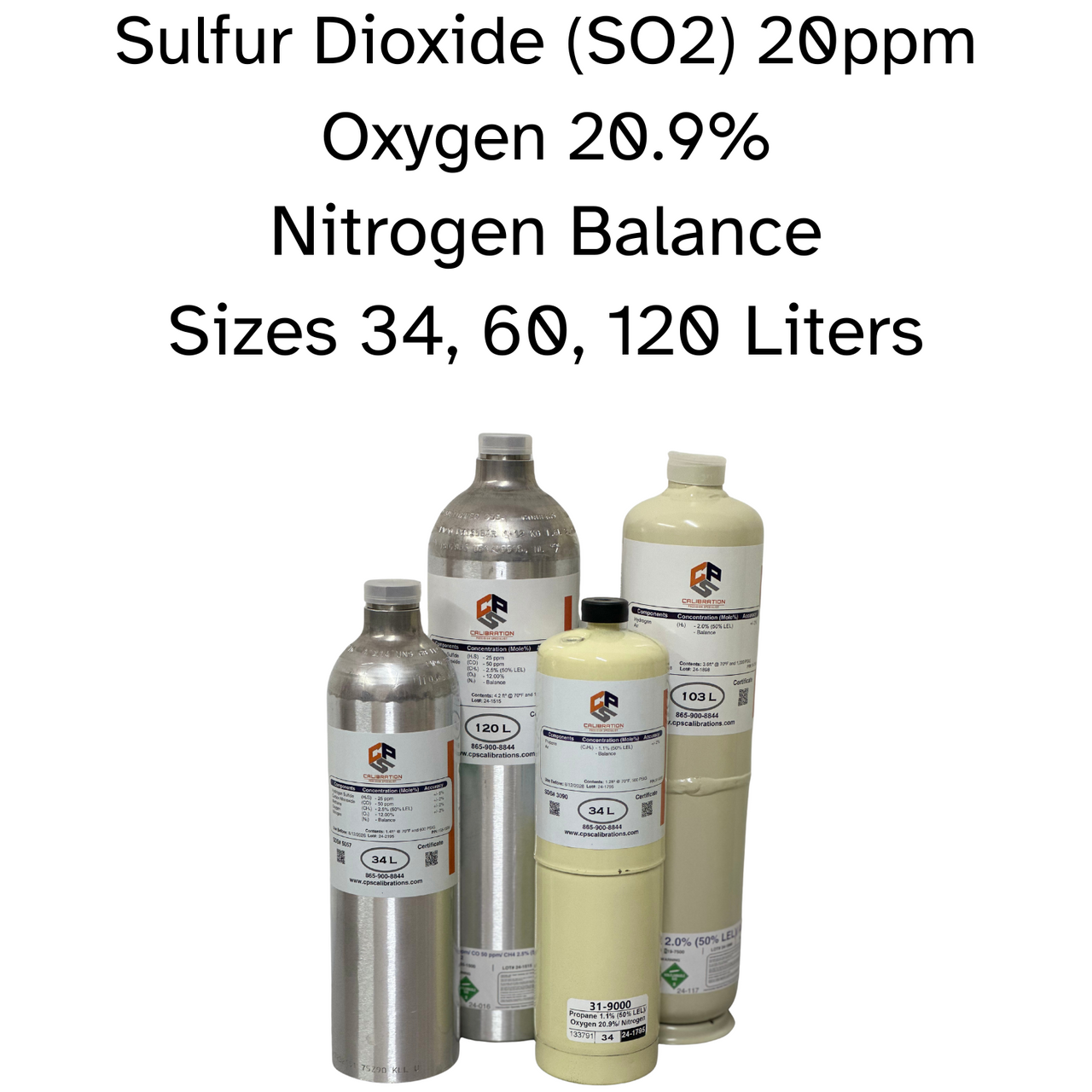 CPS Calibrations Sulfur Dioxide (SO2) 20ppm, Oxygen 20.9% Nitrogen Balance