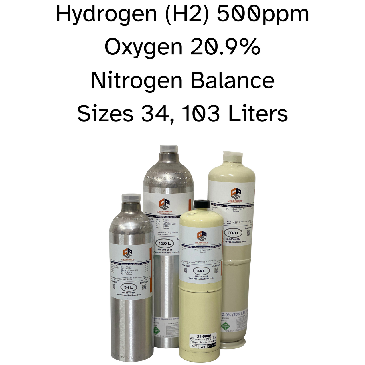 CPS Calibrations Hydrogen (H2) 500ppm, Oxygen 20.9% Nitrogen Balance
