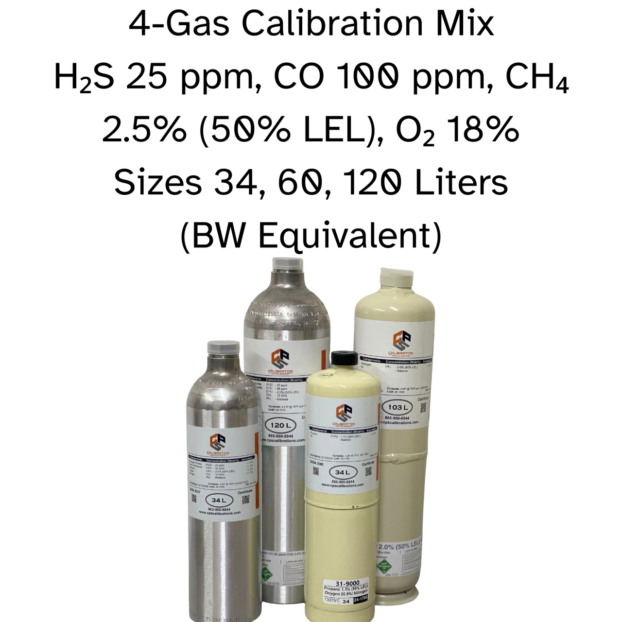 4-Gas Calibration Mix (BW Equivalent): H₂S 25 ppm, CO 100 ppm, CH₄ 2.5% ...
