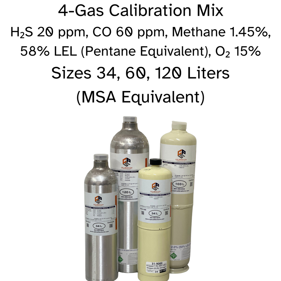 4-Gas Calibration Mix (BW Equivalent): H₂S 25 ppm, CO 100 ppm, CH₄ 2.5% ...