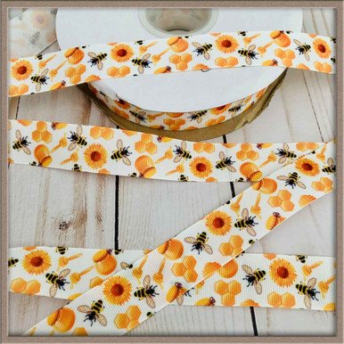 Bees and Honeycomb 1" Grosgrain Ribbon By The Yard