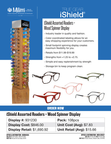 iShield Assorted Readers - 72pc Wood Spinner Display