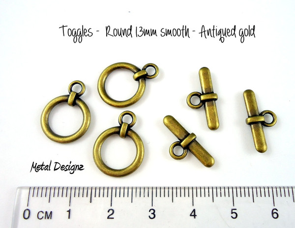 Toggles - Bag of 20 - Round 13mm smooth - Antiqued gold - Metal Designz