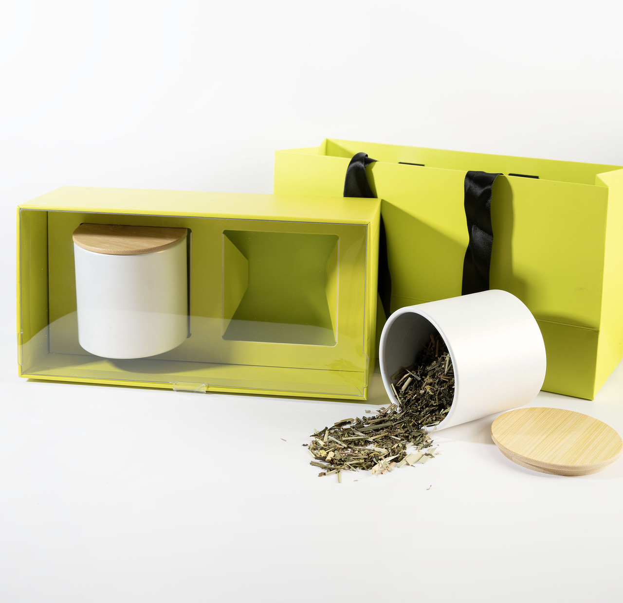 Eco Friendly Green Paper tea box with 2 airtight tins with a bamboo lid