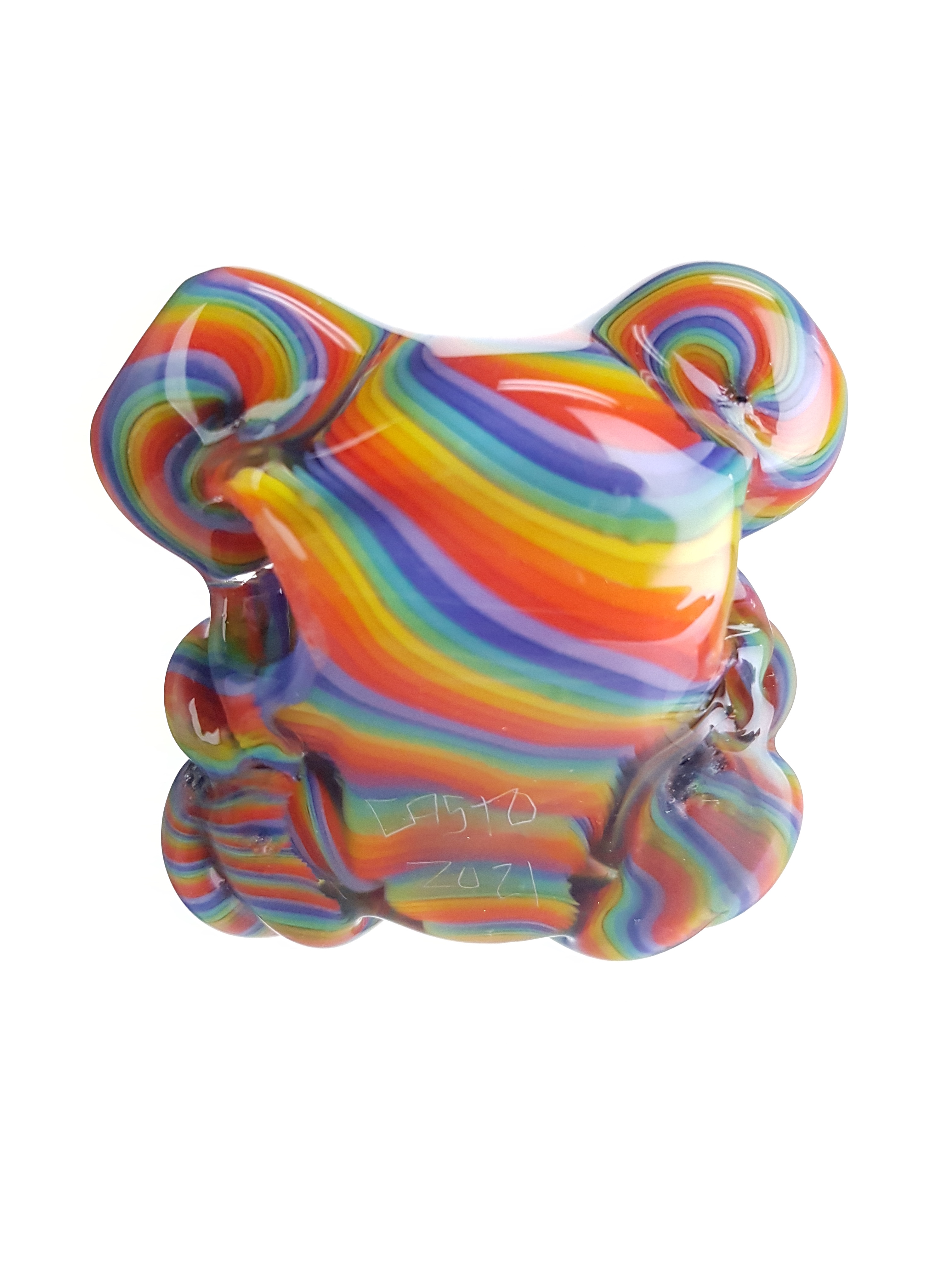 CASTO - "Teddy" Glass Pendant w/ Spiral Eyes - Rainbow Cane - The Dab Lab