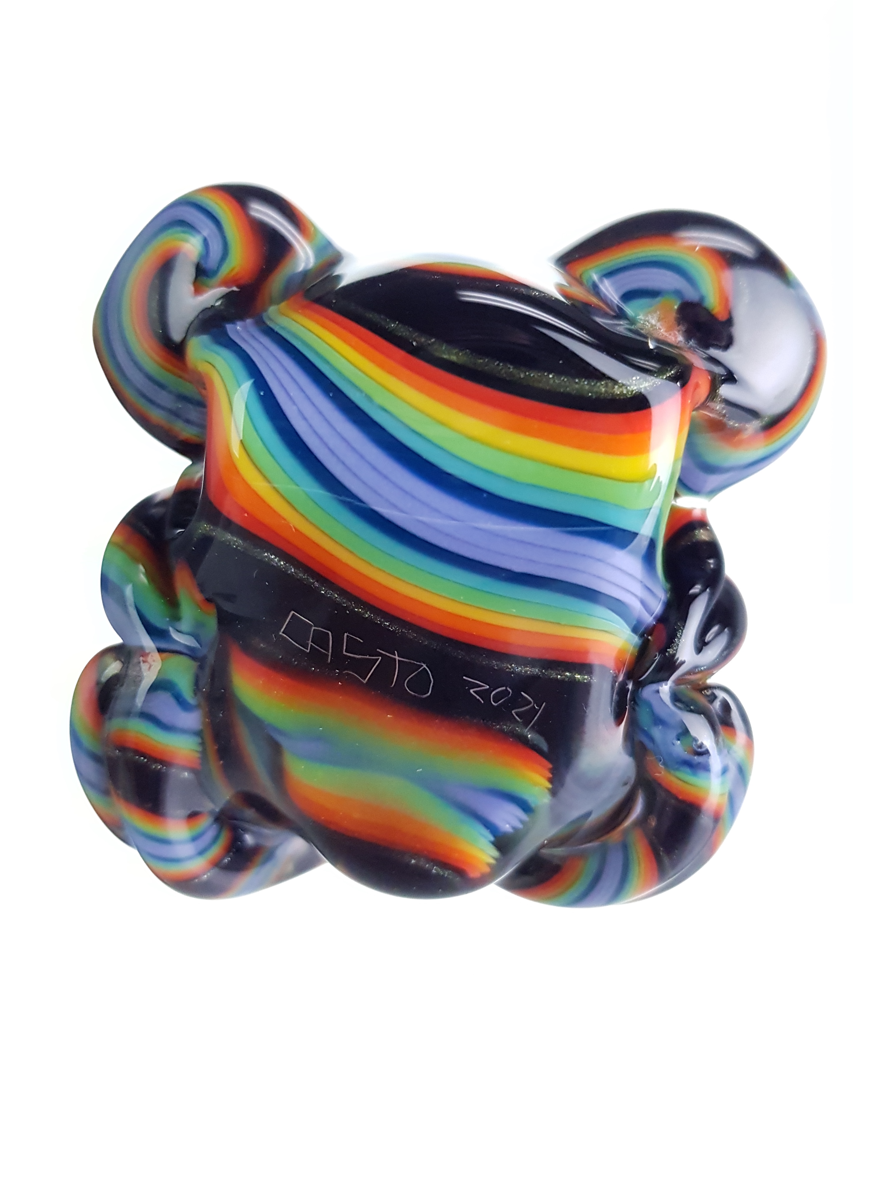 CASTO - "Teddy" Glass Pendant w/ Spiral Eyes - Black Rainbow Cane - The ...