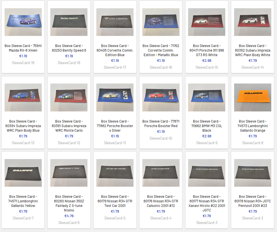 Now stock, various Insert cards for 1:18 Box Sleeve - AUTOart Spares