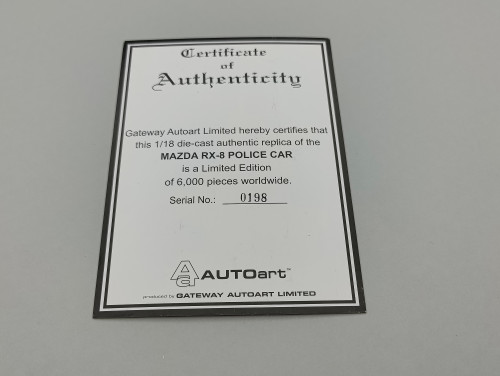 Mazda RX-8 Japanese Police Car - Certificate - AUTOart Spares