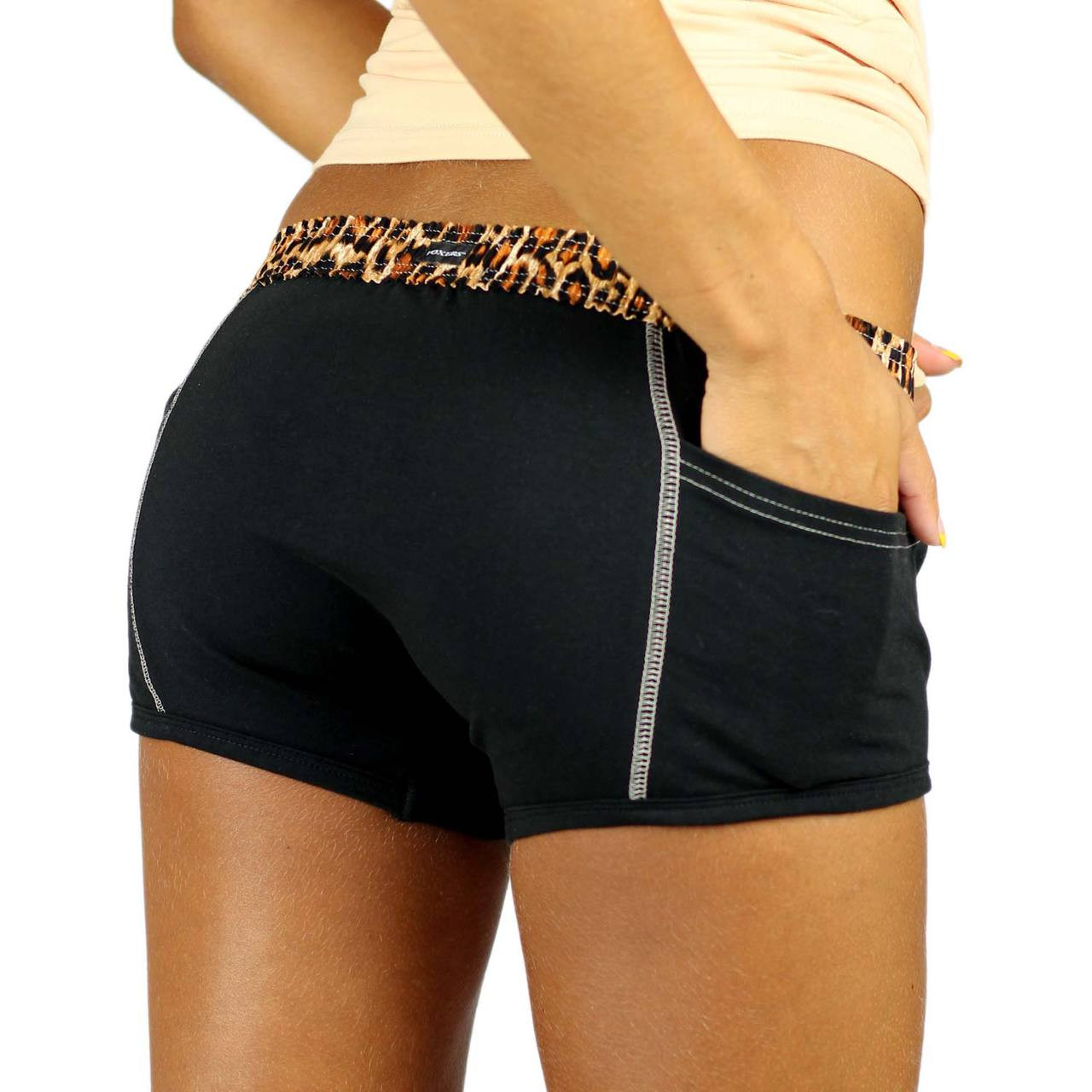 Black Tomboy Boxer Brief with Leopard Print Waistband