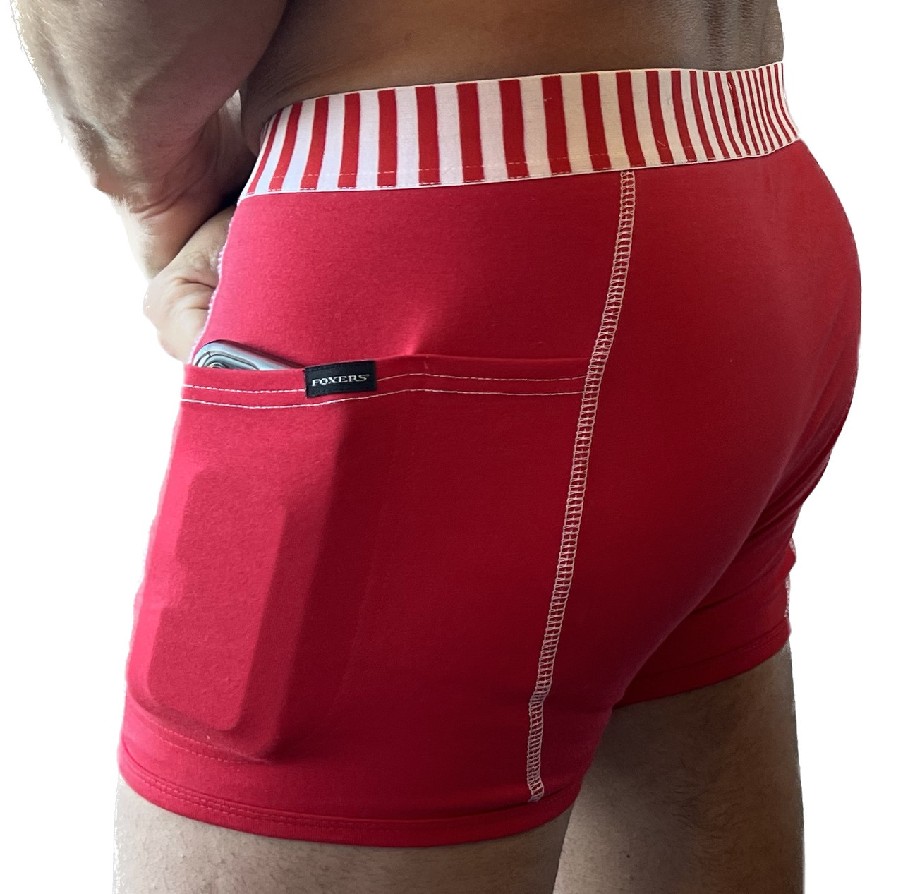 Foxers Red Mens Boxer Brief With Pockets And Redwhite Stripe Elastic Band