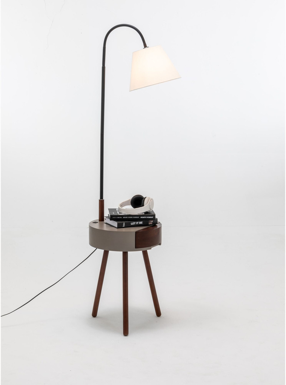 Ingrid Steel Grey Rubberwood Tray Floor Lamp with Drawer