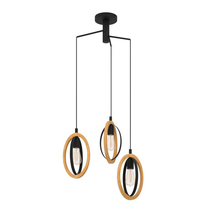 Basildon 3 Light Black and Timber Ring Pendant Light - Zest Lighting