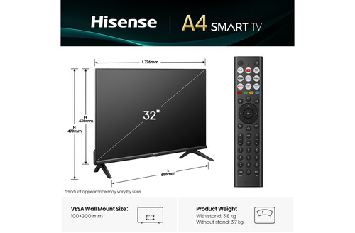 Hisense 32A4QTUK | 32 inch HD Ready HDR Smart LED TV Freely | Richer Sounds