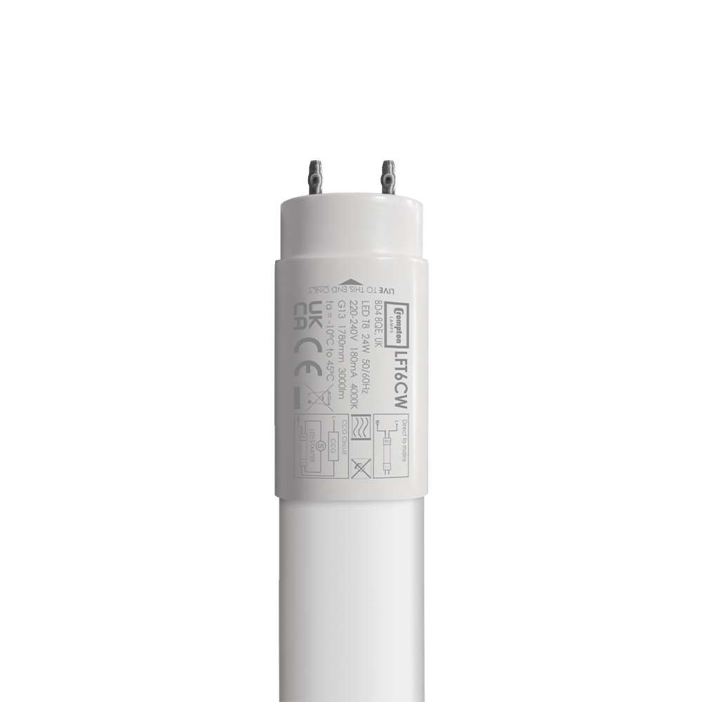 LED T8 Glass Tube Non-Dimmable 6FT 24W 4000K G13 - Crompton Lamps Limited