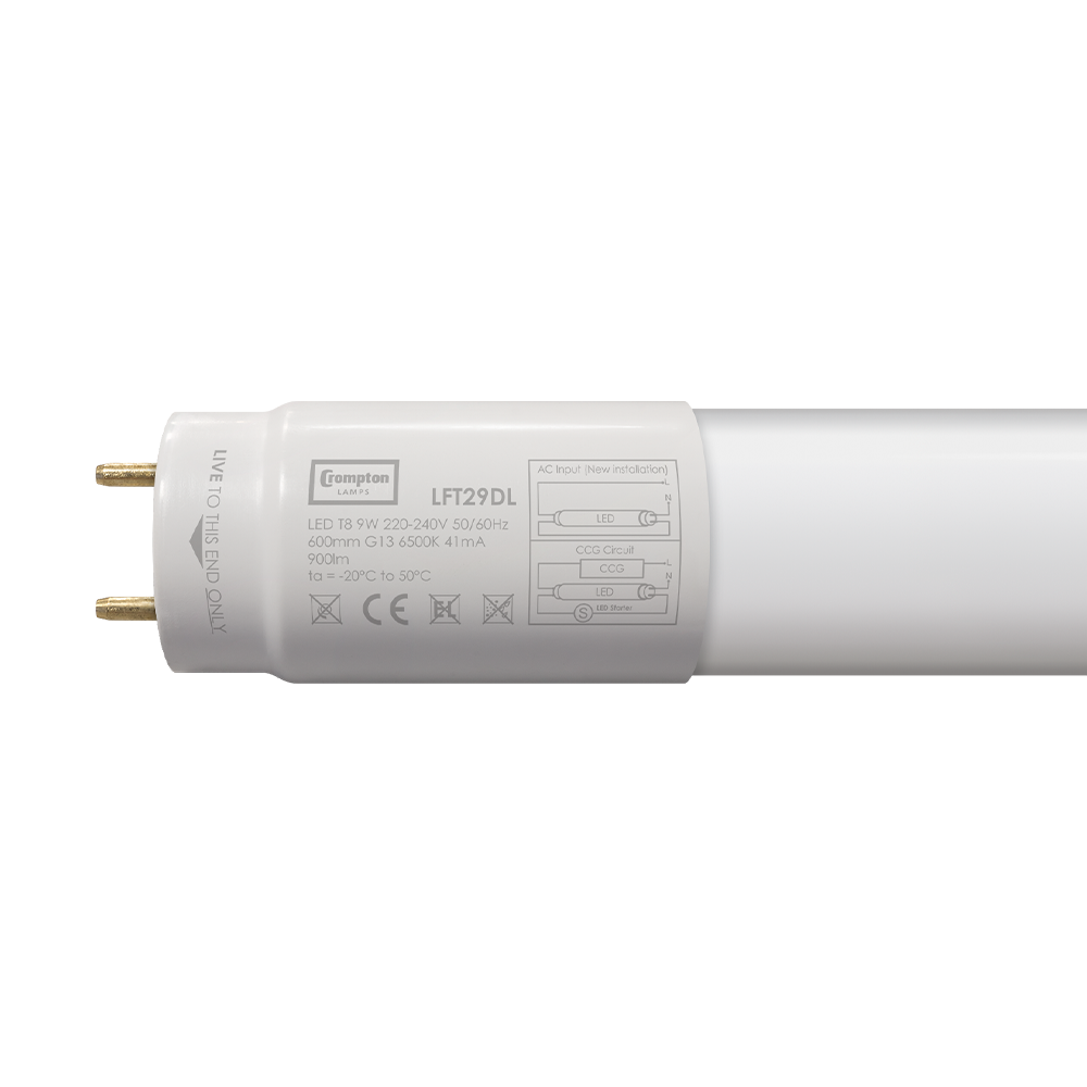 LED T8 Full Glass Tube 2ft / 588mm 9W 6500K G13 - Crompton Lamps Limited