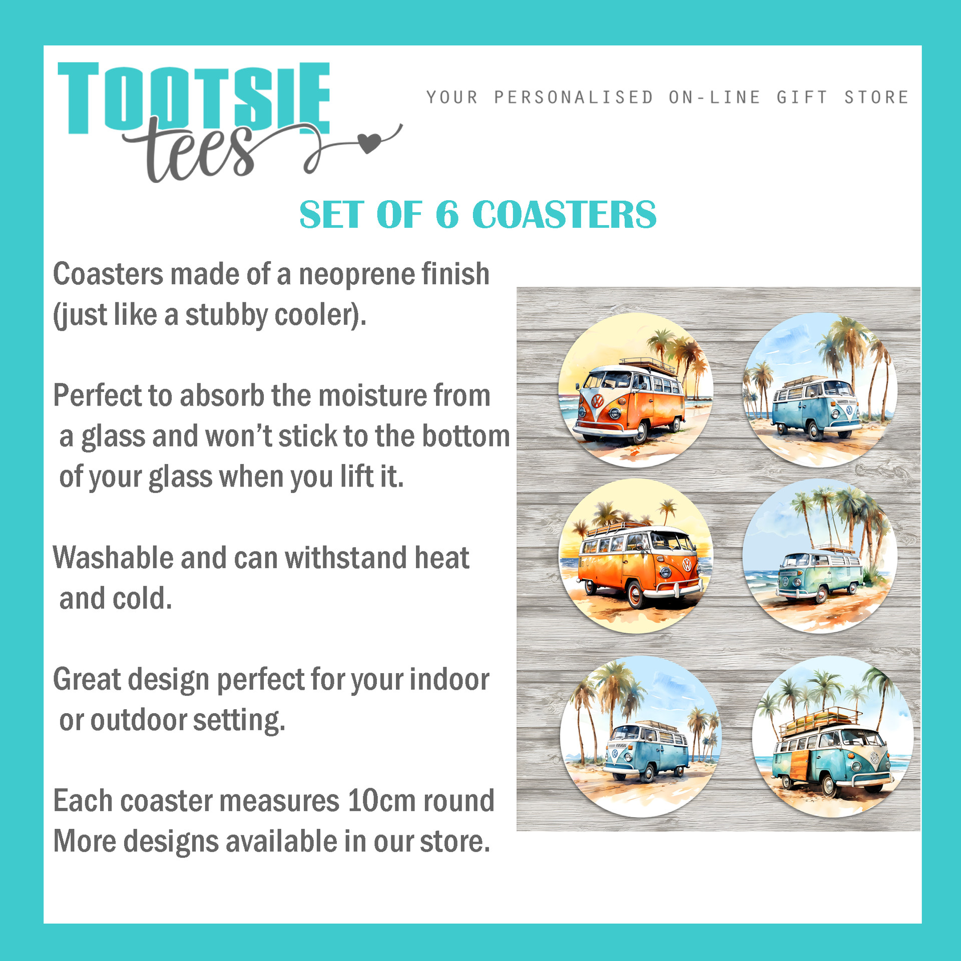VW Kombi Campervan Round Coasters Set of 6