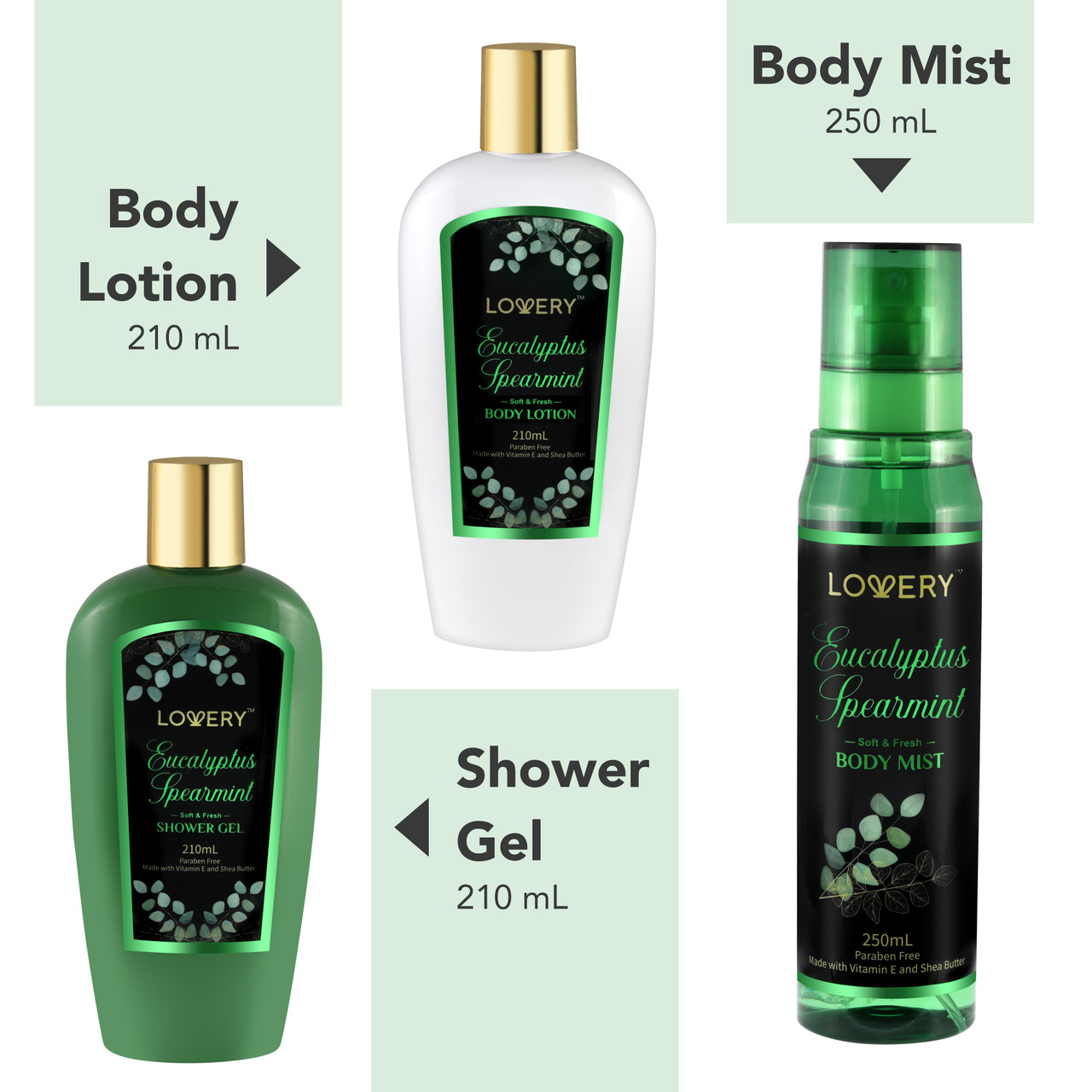 Lovery - Eucalyptus Spearmint Travel Set - 3Pc Bath and Body Kit ...