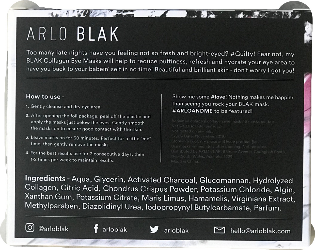 Arlo Blak - Activated Charcoal Collagen Eye Mask - Beauty Bridge