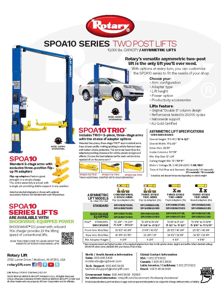 SPOA10 - 2 Post Lift - 10,000lbs. Capacity