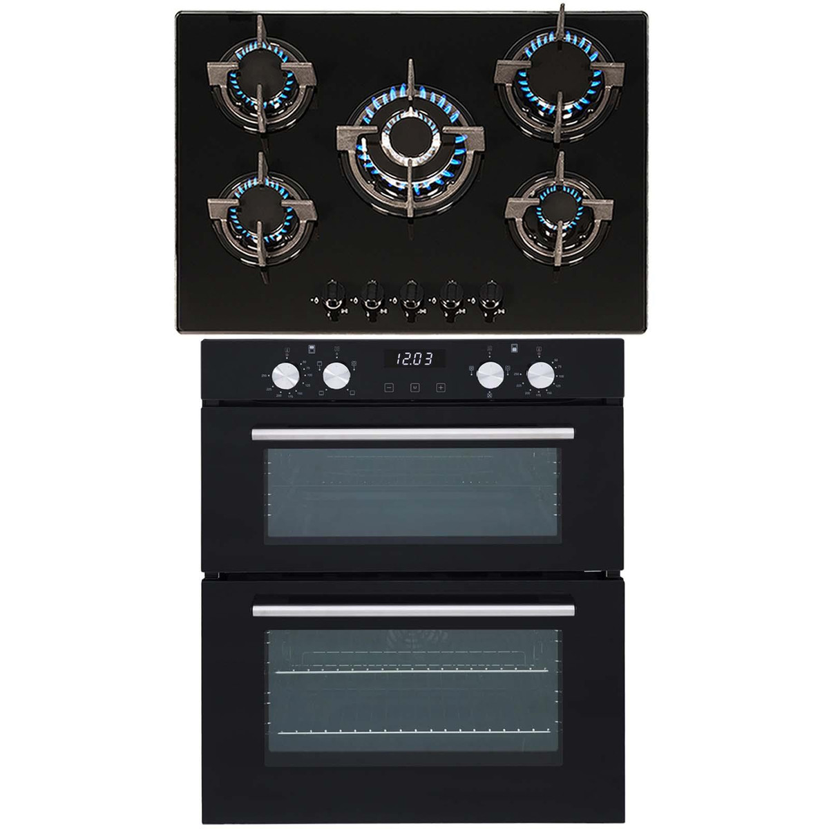 SIA Built Under Double Electric Fan Oven &70cm Black 5 Burner Gas On ...