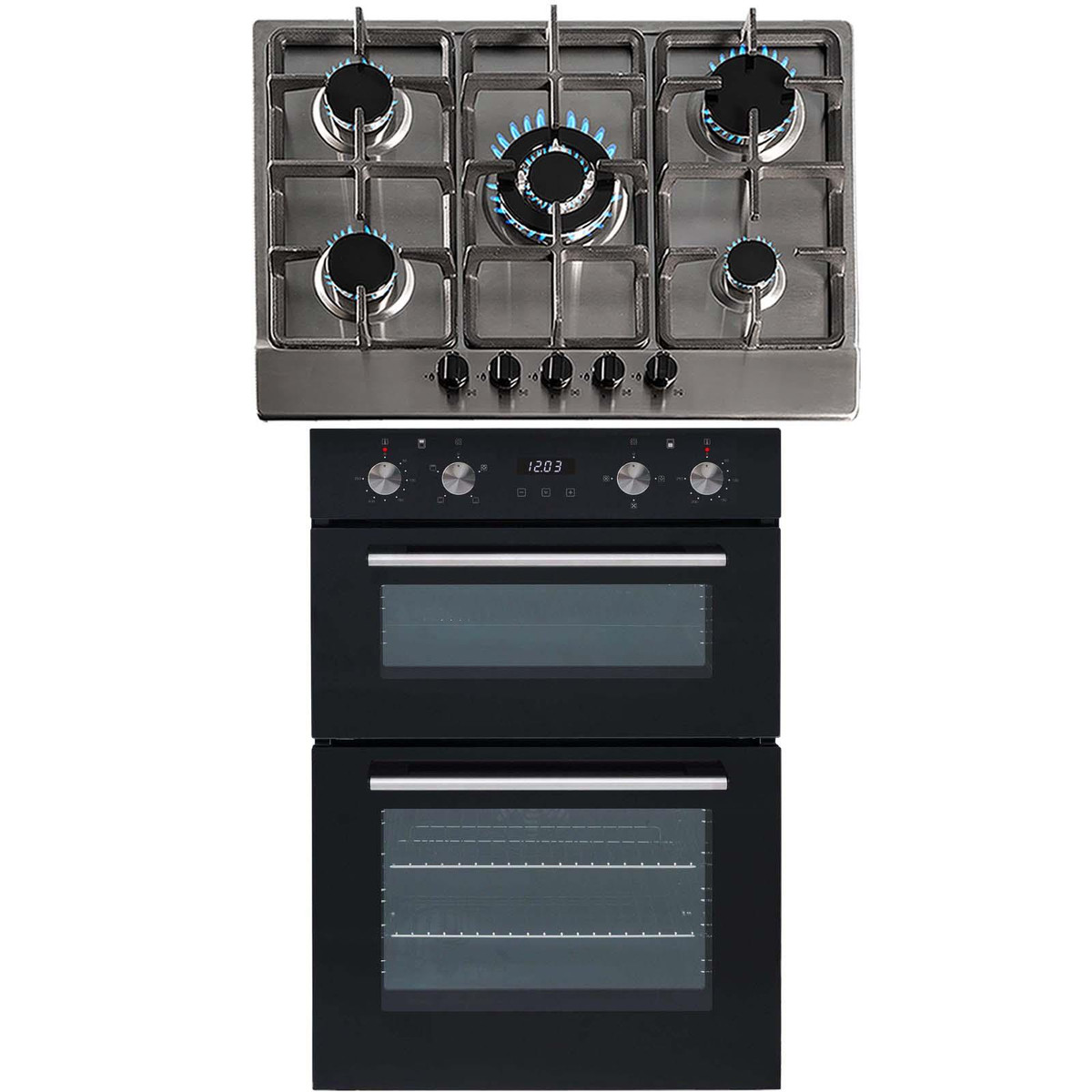 SIA Built In Double Electric Fan Oven &Stainless Steel 70cm 5 Burner ...