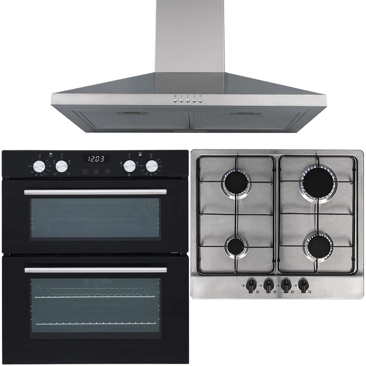SIA 60cm Electric Built Under Fan Oven, 4 Burner Gas Hob & Cooker Hood ...