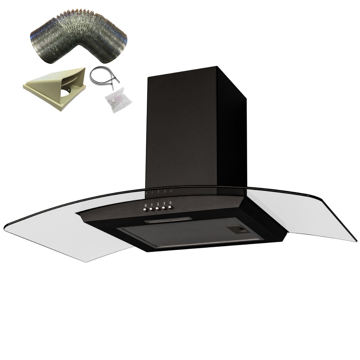 SIA CGH80BL 80cm Curved Glass Black Cooker Hood Extractor Fan And 1m ...
