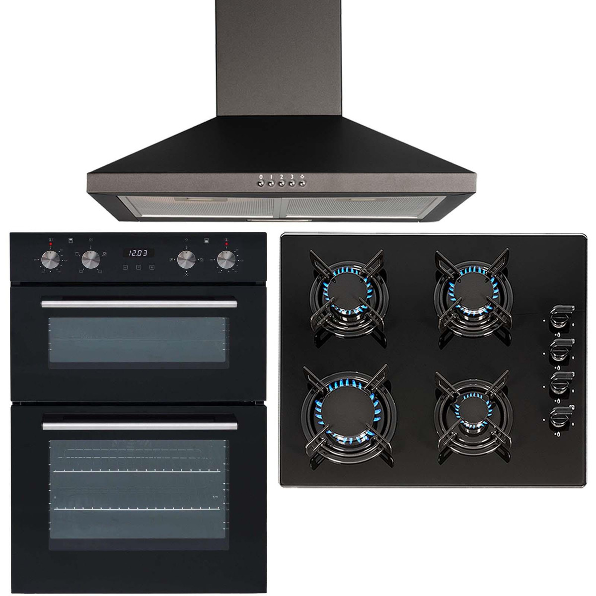 SIA 60cm Black Double Electric Fan Oven, 4 Burner Gas On Glass Hob ...