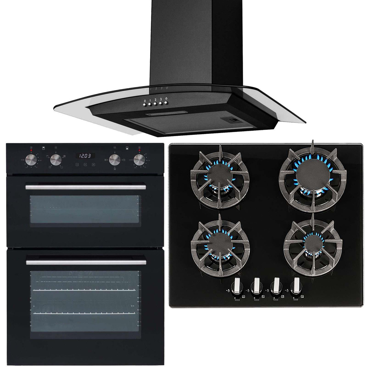 SIA 60cm Double Electric True Fan Oven, 4 burner Gas On Glass Hob ...