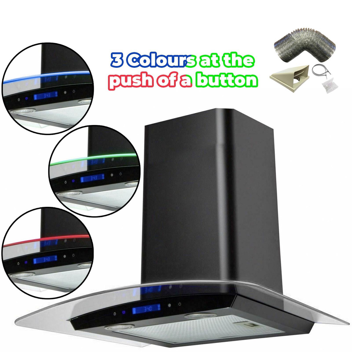SIA 60cm Black Touch Control LED Curved Glass Cooker Hood Extractor ...