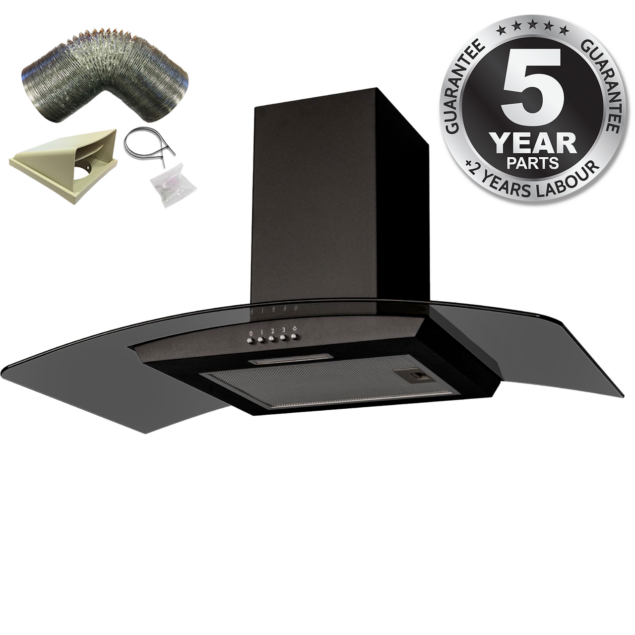 SIA CGHS90BL 90cm Black Smoked Curved Glass Cooker Hood Extractor And ...