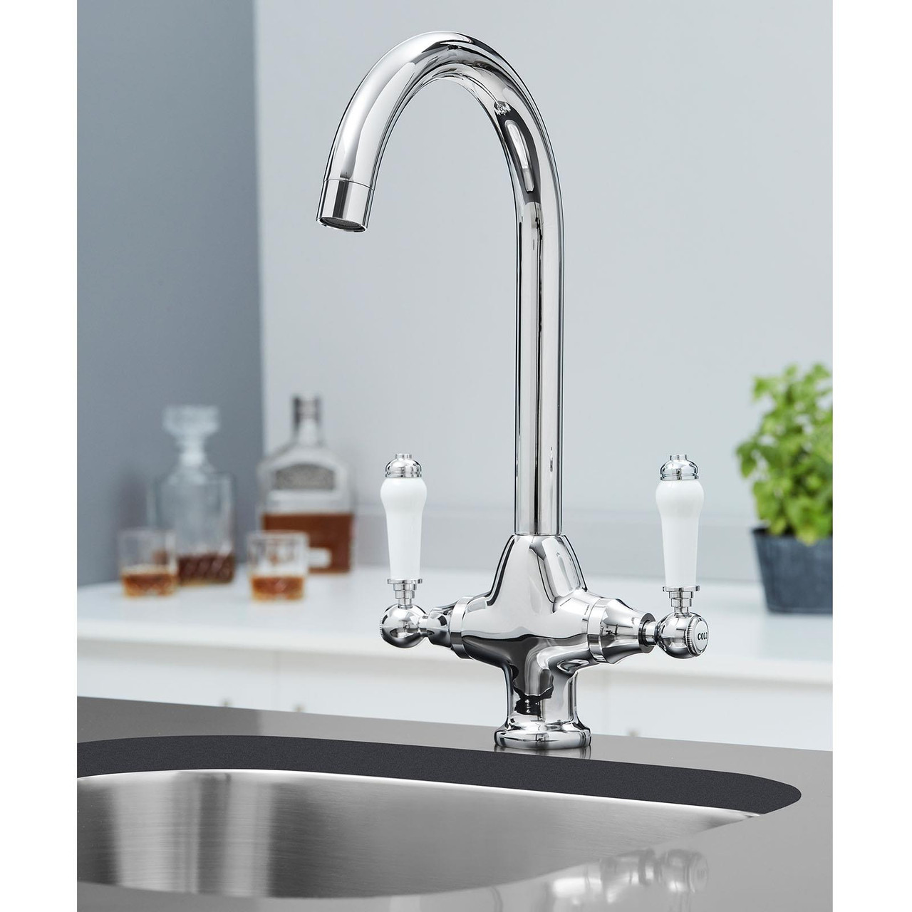 SIA KT2 Chrome Swan Neck Twin Lever Monobloc White Handled Kitchen ...