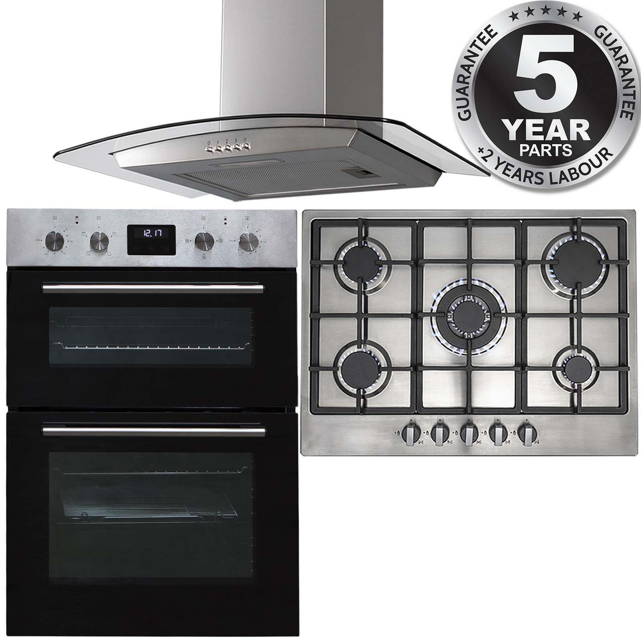SIA 60cm Stainless Steel Built-in Double Oven, 70cm R6 Gas Hob & Curved ...