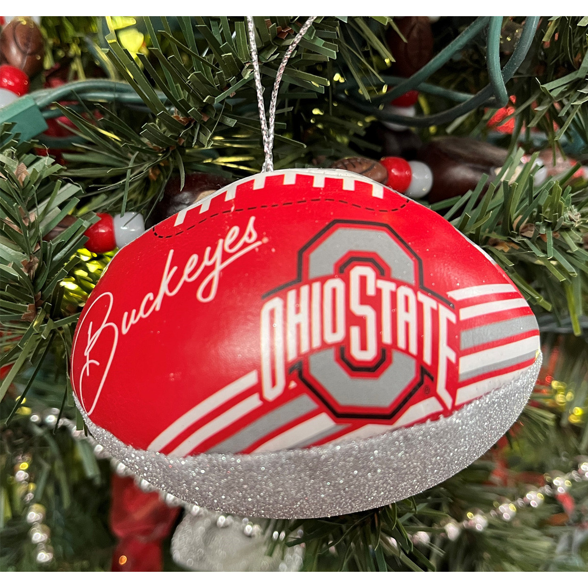Ohio State Leather Football Glitter Ornament. - College Traditions