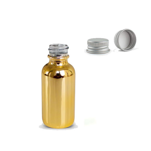 30 ML (1 oz) Gold Boston Round Bottles with silver metal cap
