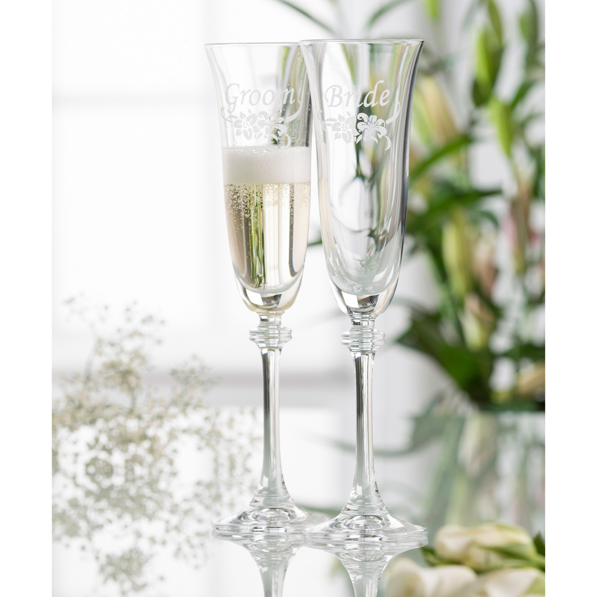 Floral Bride & Groom Liberty Flute Glass Pair | Kilkenny Design