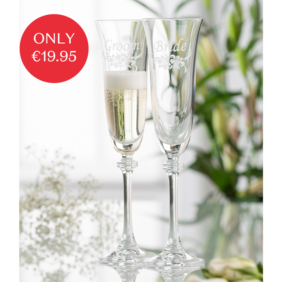 Floral Bride & Groom Liberty Flute Glass Pair | Kilkenny Design
