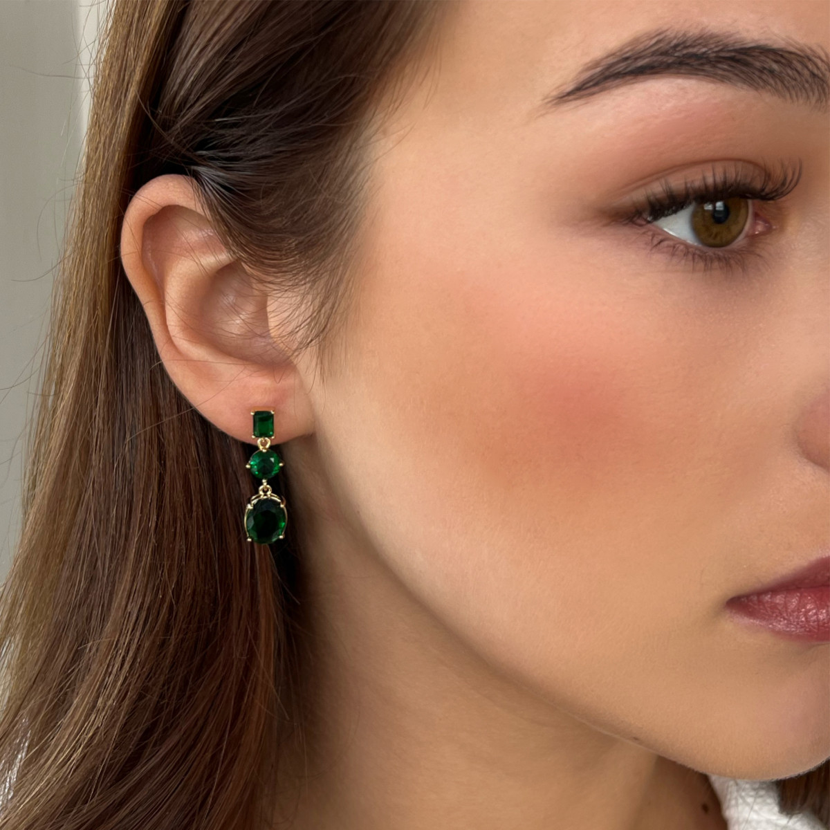 Gold & Emerald Three Stone Drop Earrings | Kilkenny Design