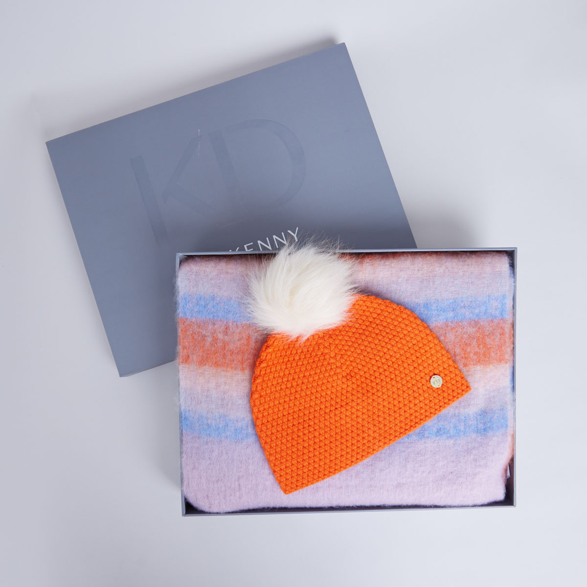 Dorreen Bobble Hat & Knit Stripe Scarf Set – With Gift Box