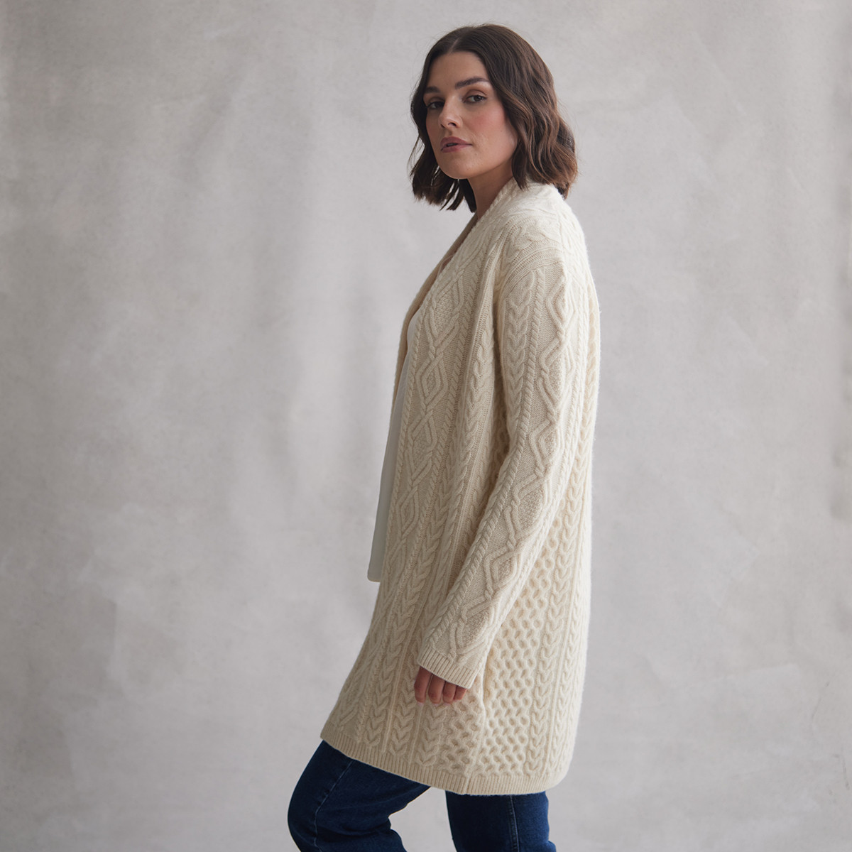 Deirdre Edge to Edge Double Diamond Aran Cardigan | Kilkenny Design
