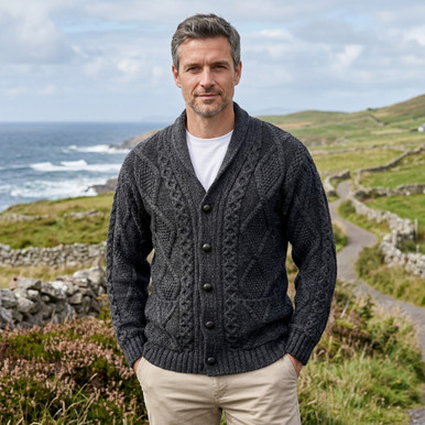 Merino Wool Shawl Collar Aran Button Cardigan | Kilkenny Design