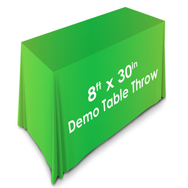 Custom printed table throw for tall 42" demo counters, 8' wide x 30" deep