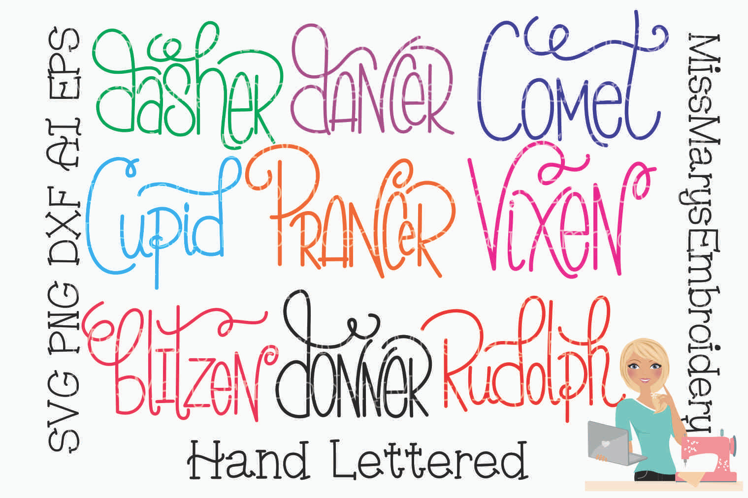 Hand Lettered Reindeer Names - Miss Mary's Embroidery