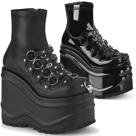 Demonia | Wave-110, Wedge Platform Stretch Ankle Boot