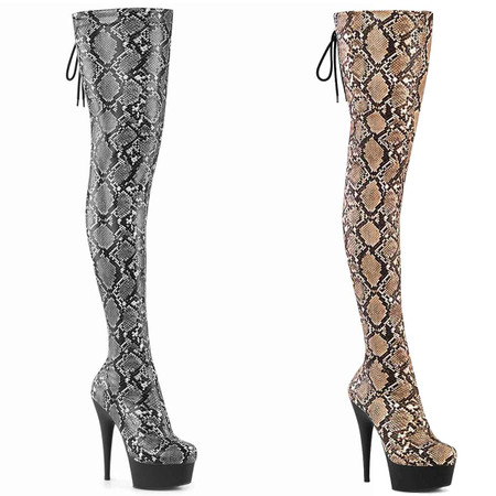 DELIGHT-3008SP-BT, 6" Heel Platform Stretch Snake Print Thigh High Boots
